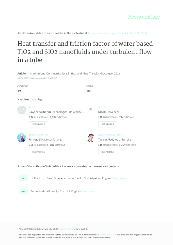 (PDF) Heat transfer and friction factor of water based TiO 2 and SiO 2 nanofluids under ...