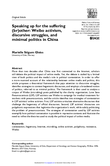 (PDF) Speaking up for the suffering (br)other: Weibo activism ...