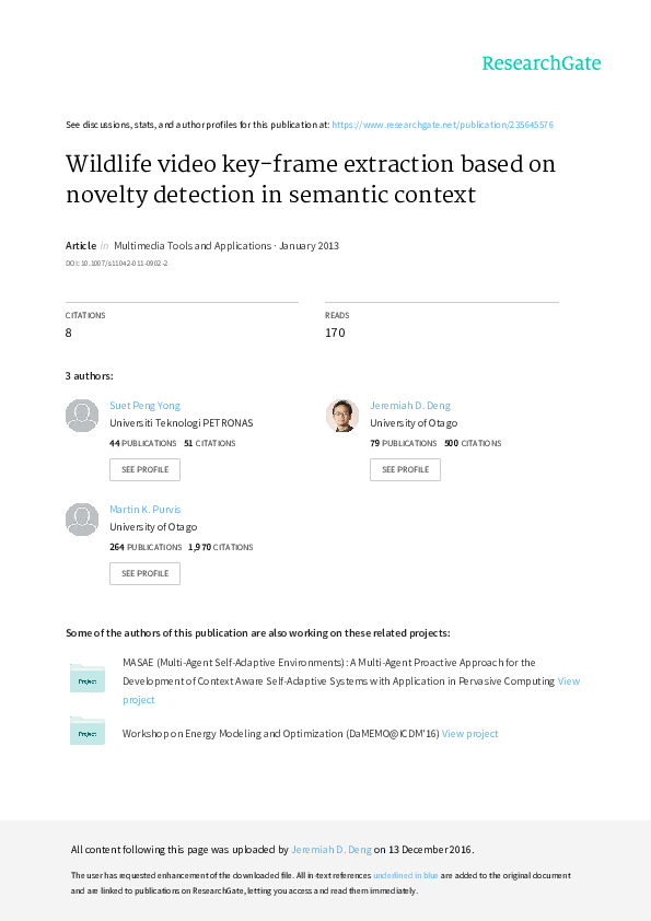 (PDF) Wildlife video key-frame extraction based on novelty detection in ...