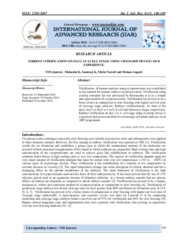 (PDF) EMBRYO VITRIFICATION ON DAY2 AT 4-CELL STAGE USING CRYOLOOP ...