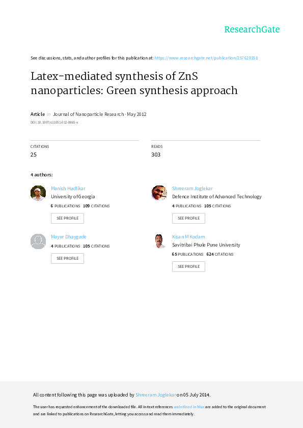 (PDF) Latex-mediated synthesis of ZnS nanoparticles: green synthesis ...