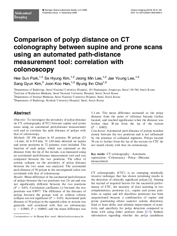 Pdf Comparison Of Polyp Distance On Ct Colonography Between Supine And Prone Scans Using An