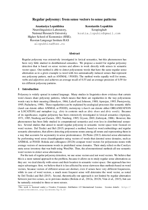 (PDF) Regular polysemy: from sense vectors to sense patterns
