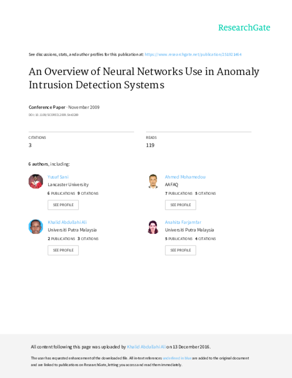 (PDF) An overview of neural networks use in anomaly Intrusion Detection Systems
