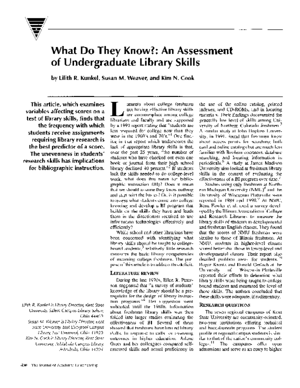 (PDF) What do they know?: An assessment of undergraduate library skills