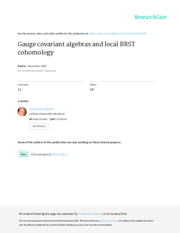 (PDF) Gauge covariant algebras and local BRST cohomology