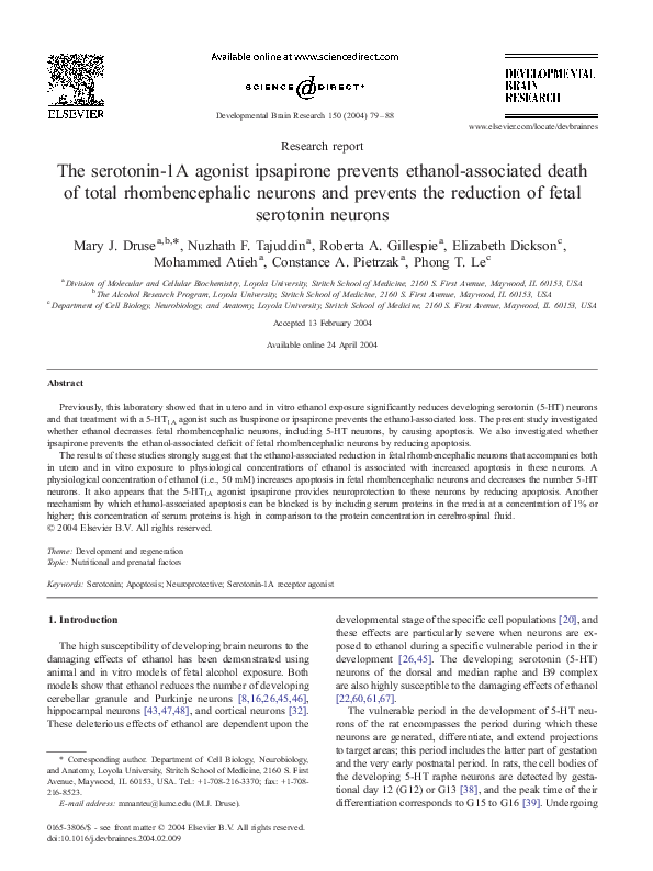 (PDF) The serotonin-1A agonist ipsapirone prevents ethanol-associated ...