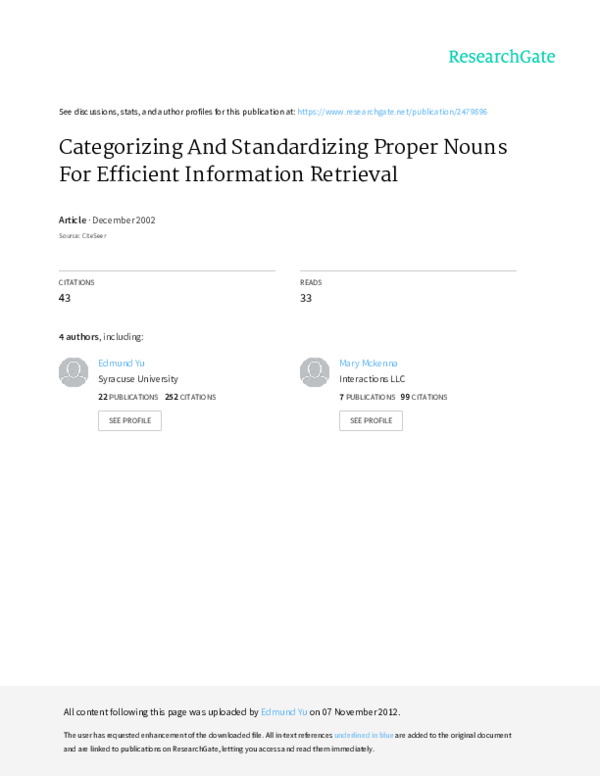 Pdf Categorizing And Standardizing Proper Nouns For Efficient Information Retrieval