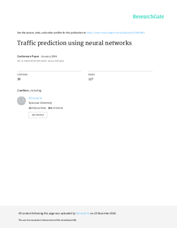 Pdf Traffic Prediction Using Neural Networks 1384