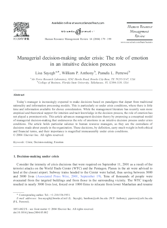 (PDF) Managerial decision-making under crisis: The role of emotion in an intuitive decision process