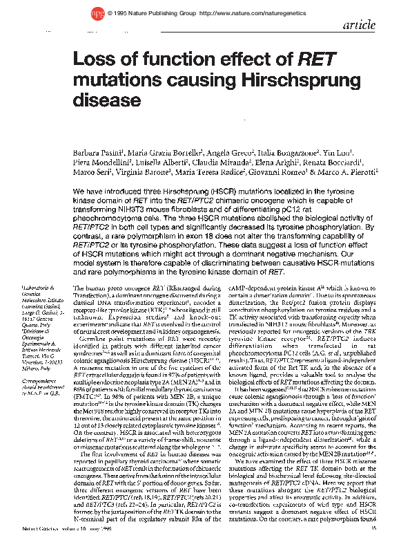 (PDF) Loss of function effect of RET mutations causing Hirschsprung disease