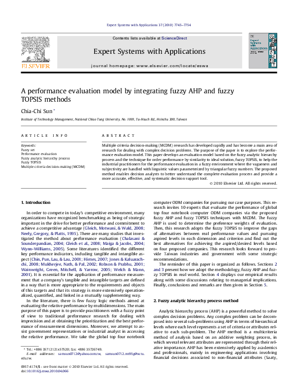 Pdf A Performance Evaluation Model By Integrating Fuzzy Ahp And Fuzzy