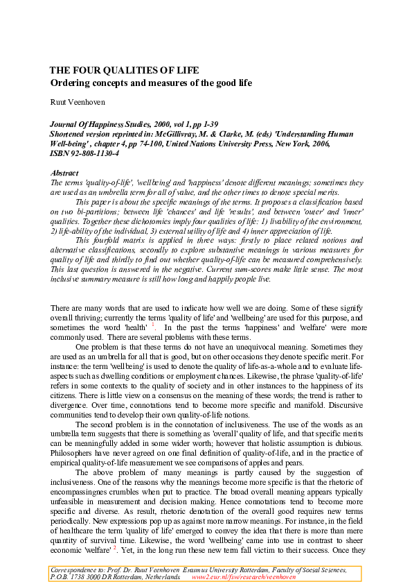 (PDF) The Four Qualities of Life: ordering concepts and measures of the ...