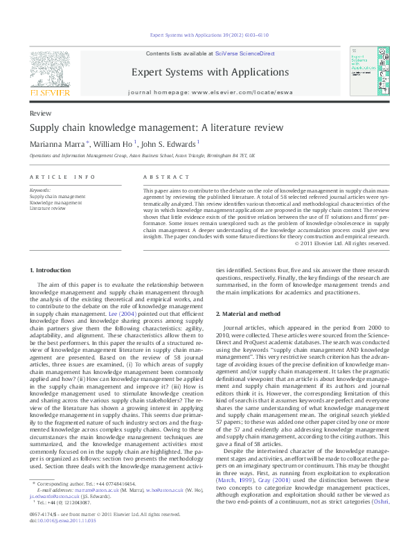 (PDF) Supply chain knowledge management: A literature review