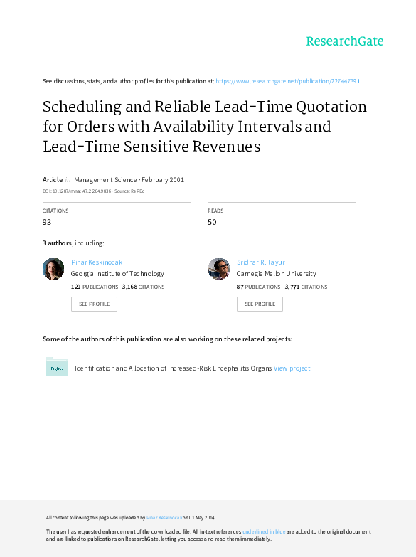 (PDF) Scheduling and Reliable Lead-Time Quotation for Orders with ...