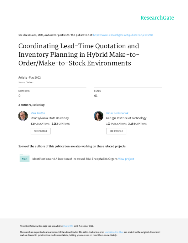 (PDF) Coordinating Lead-Time Quotation and Inventory Planning in Hybrid ...