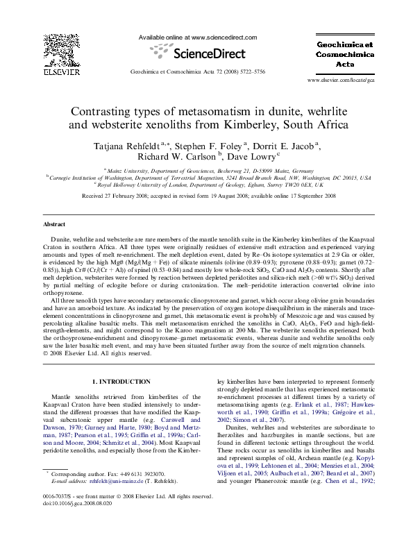 (PDF) Contrasting types of metasomatism in dunite, wehrlite and ...