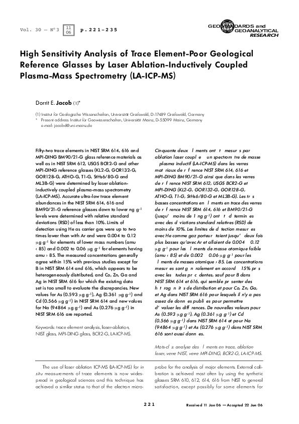 (PDF) High sensitivity analysis of trace element‐poor geological reference glasses by laser ...