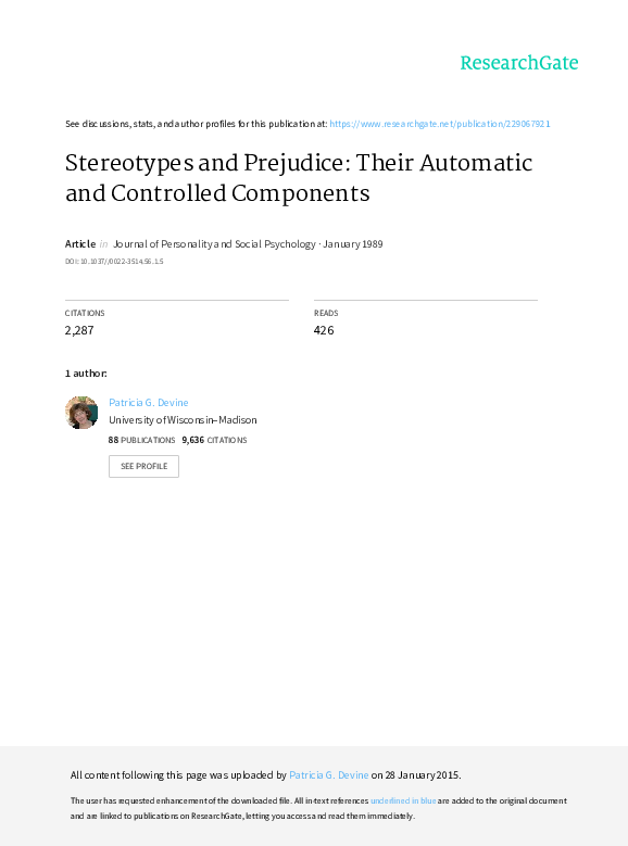 (PDF) Stereotypes and prejudice: Their automatic and controlled components