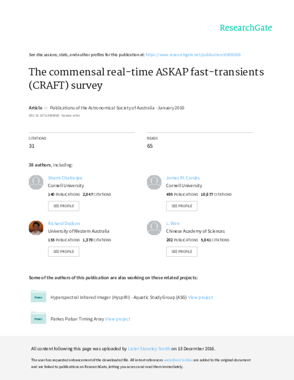 (PDF) The Commensal Real-Time ASKAP Fast-Transients (CRAFT) Survey | B. Stappers - Academia.edu