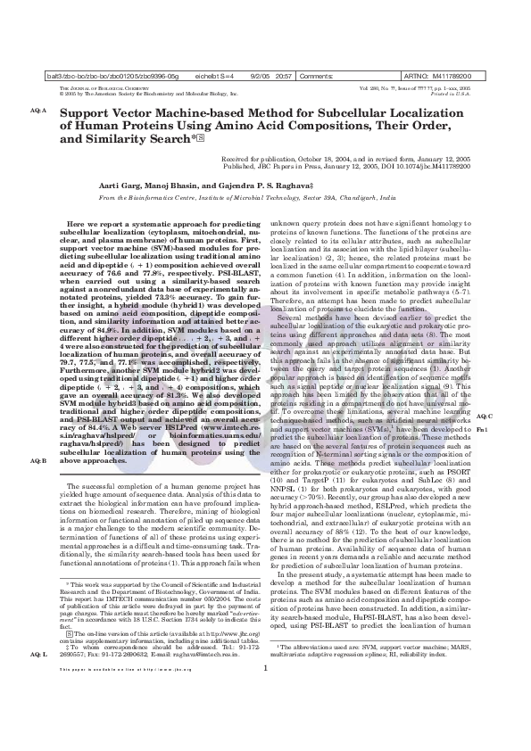 Pdf Support Vector Machine Based Method For Subcellular Localization