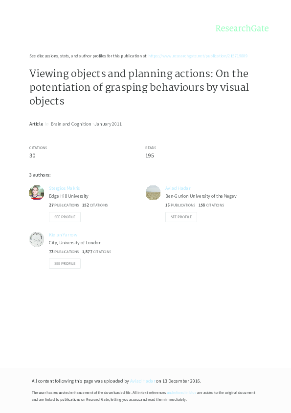 (PDF) Viewing objects and planning actions: On the potentiation of grasping behaviours by visual ...