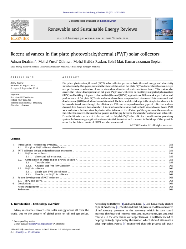(PDF) Recent advances in flat plate photovoltaic/thermal (PV/T) solar ...