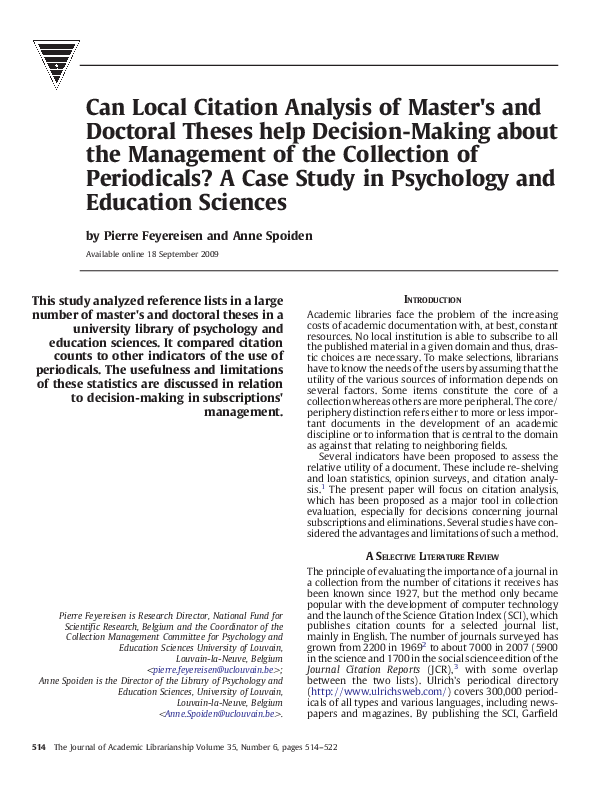 Pdf Can Local Citation Analysis Of Masters And Doctoral Theses Help
