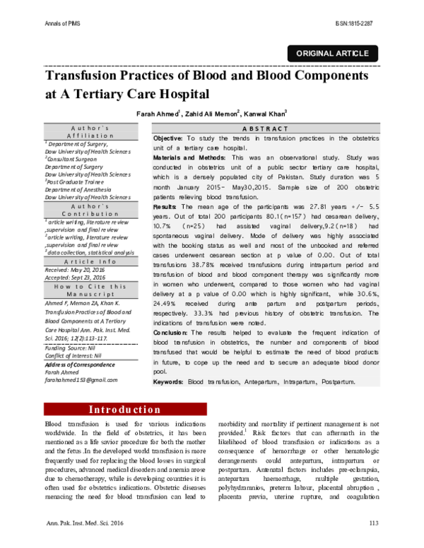 (PDF) Transfusion Practices of Blood and Blood Components at A Tertiary ...