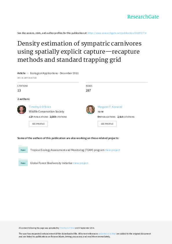 Pdf Density Estimation Of Sympatric Carnivores Using Spatially Explicit Capture Recapture