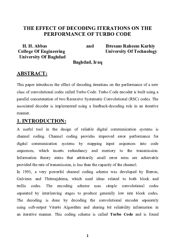 Pdf The Effect Of Decoding Iterations On The Performance Of Turbo Code