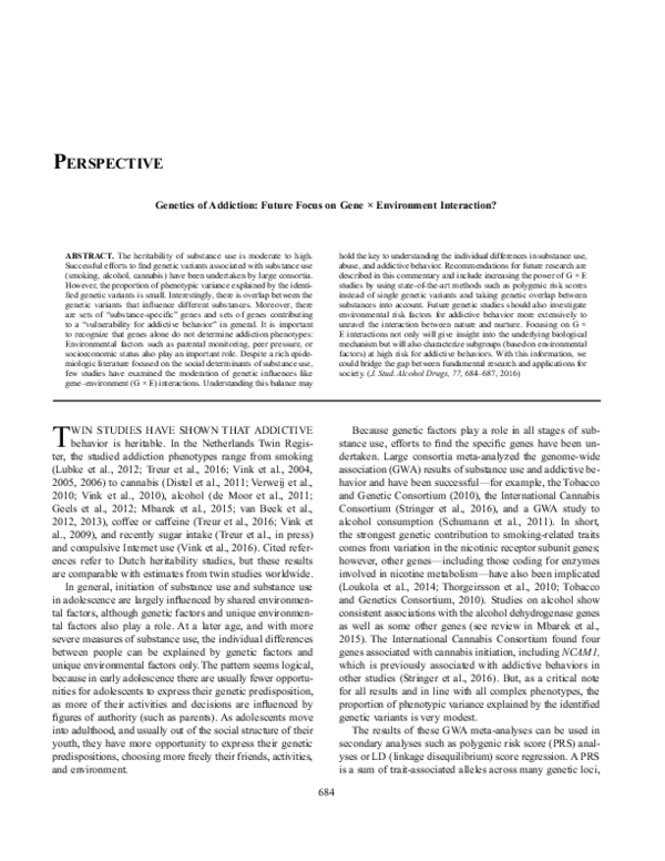(PDF) Genetics of Addiction: Focus on Gene x Environment Interaction?