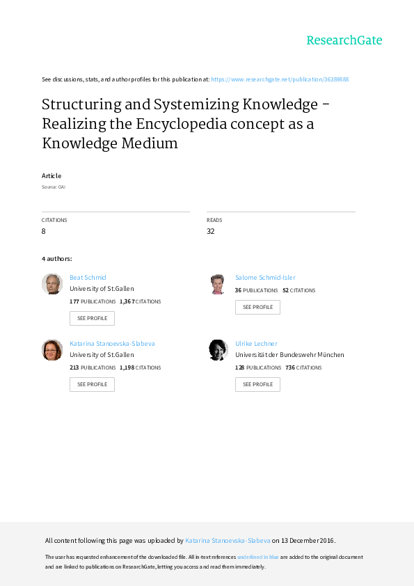 (PDF) Structuring and Systemizing Knowledge-Realizing the Encyclopedia concept as a Knowledge Medium