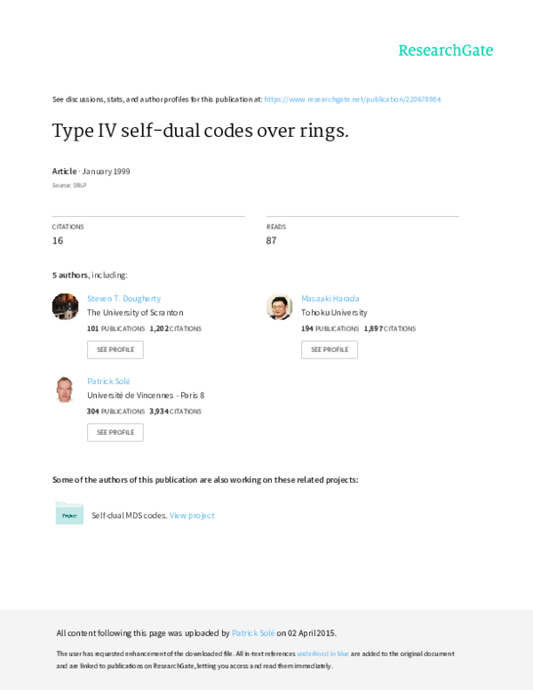 (PDF) Type IV self-dual codes over rings