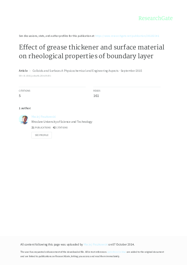 (PDF) Effect of grease thickener and surface material on rheological ...