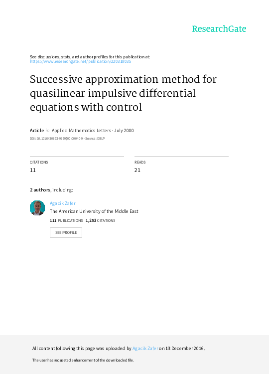 (PDF) Successive approximation method for quasilinear impulsive differential equations with control