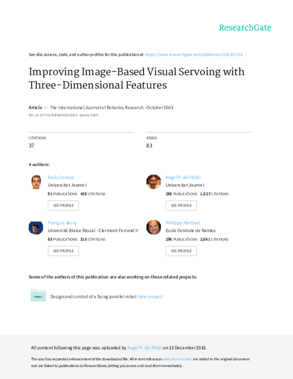 (PDF) Improving Image-Based Visual Servoing with Three-Dimensional Features