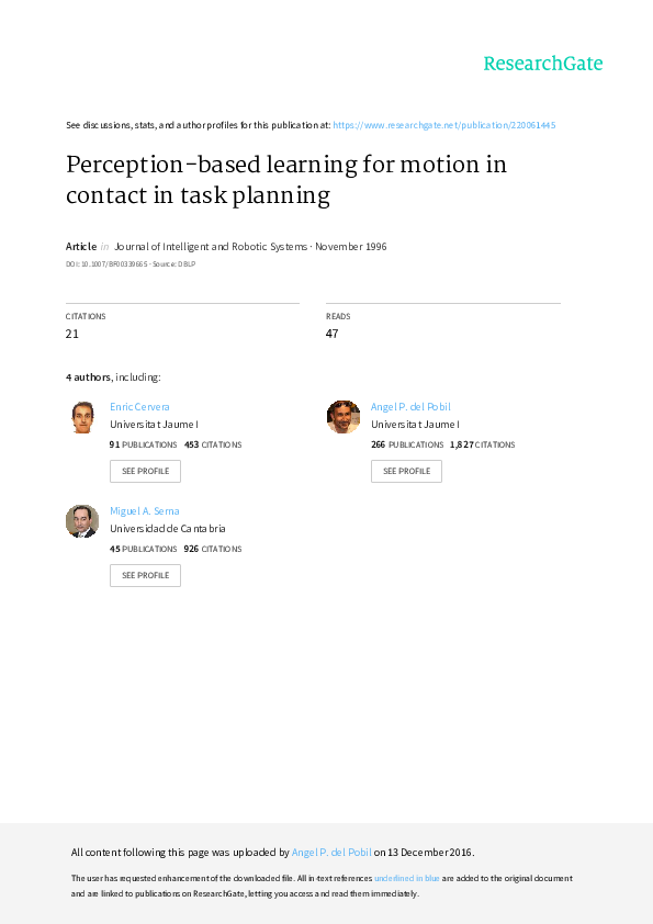 (PDF) Perception-based learning for motion in contact in task planning
