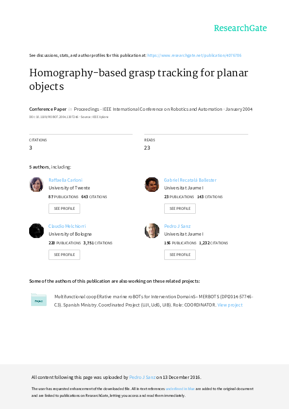 (PDF) Homography-based grasp tracking for planar objects
