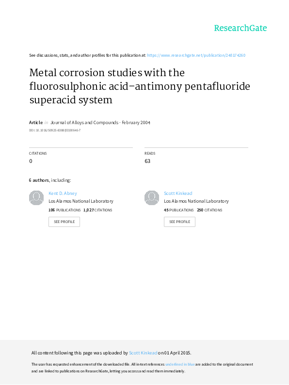 (PDF) Metal corrosion studies with the fluorosulphonic acid–antimony ...