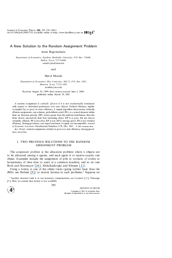 (PDF) A New Solution to the Random Assignment Problem | Herve Moulin - Academia.edu