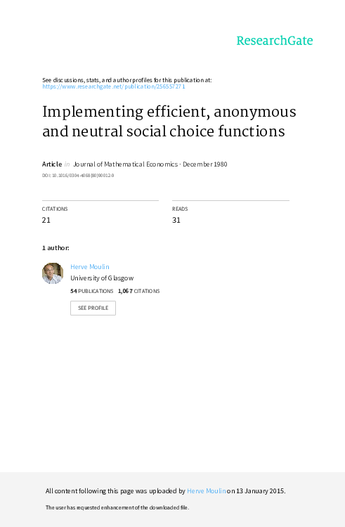 (PDF) Implementing efficient, anonymous and neutral social choice functions