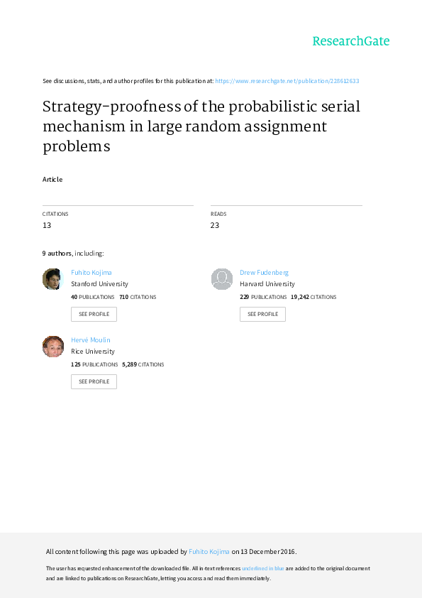 (PDF) Strategy-Proofness of the Probabilistic Serial Mechanism in Large ...
