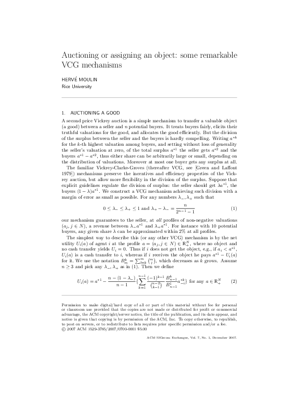 (PDF) Auctioning or assigning an object: some remarkable VCG mechanisms ...