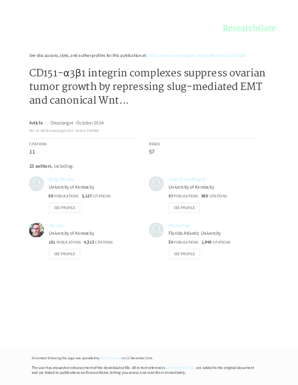 (PDF) CD151-α3β1 integrin complexes suppress ovarian tumor growth by repressing slug-mediated ...