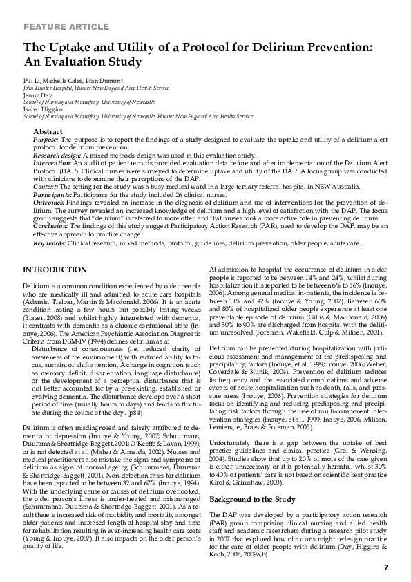(PDF) The Uptake and Utility of a Protocol for Delirium Prevention: An ...