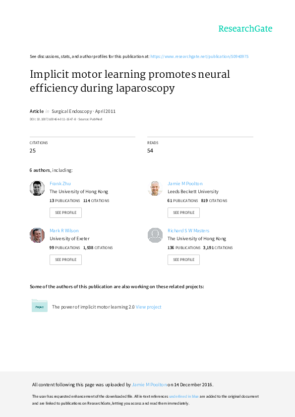 (PDF) Implicit motor learning promotes neural efficiency during laparoscopy