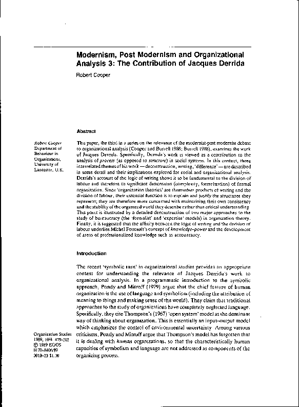(PDF) Modernism, postmodernism and organizational analysis: An introduction