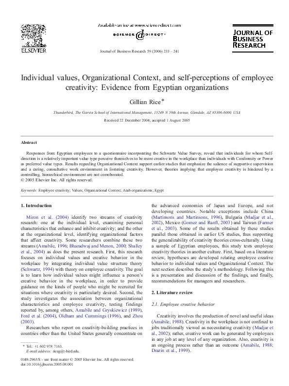 (PDF) Individual values, organizational context, and self-perceptions ...