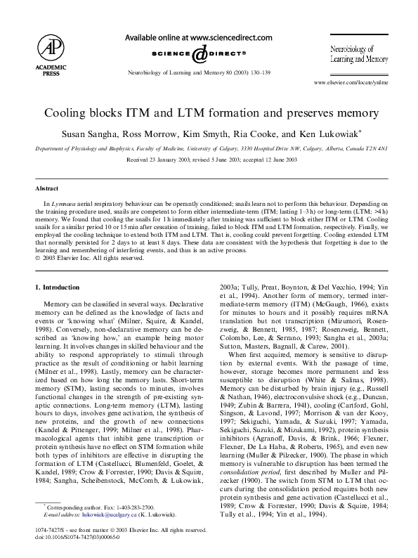(PDF) Cooling blocks ITM and LTM formation and preserves memory | Ken Lukowiak - Academia.edu